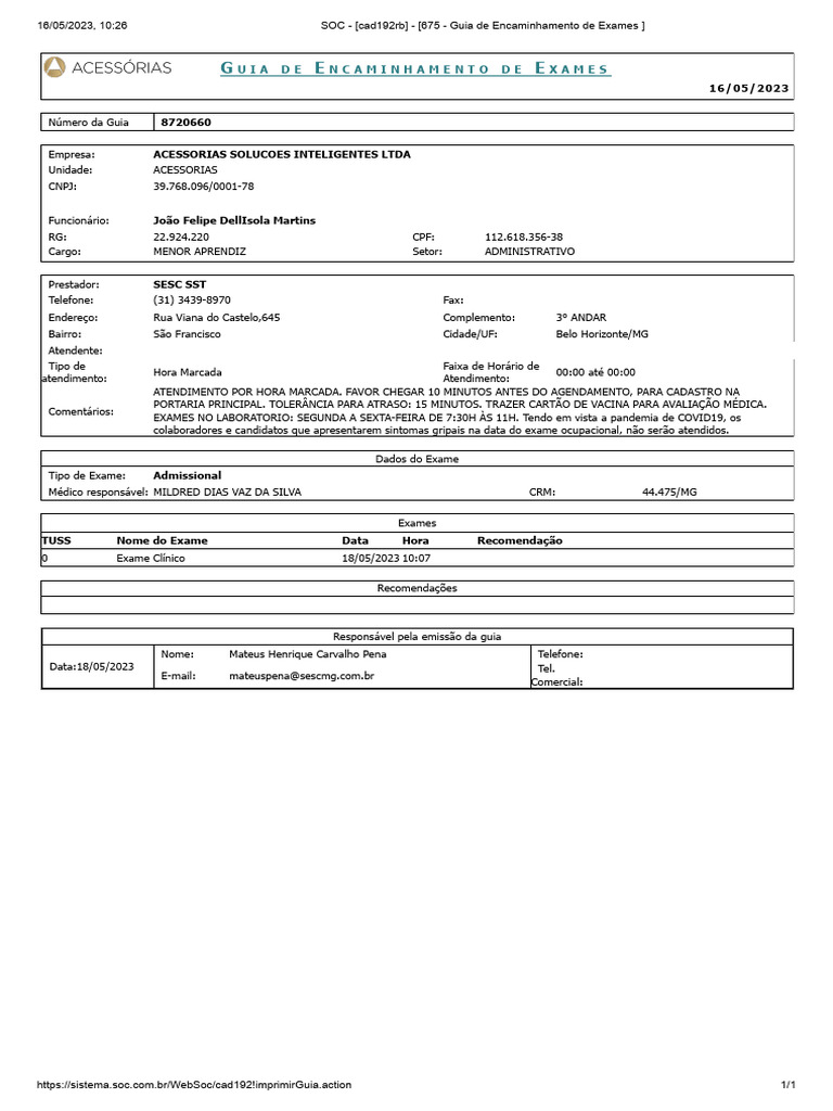 Guia de Encaminhamento de Exames - João Felipe | PDF