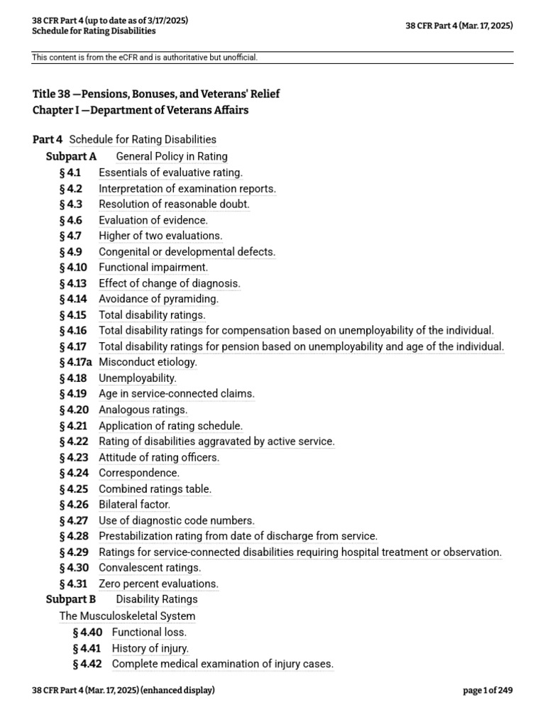 38 CFR Part 4 (Up to Date as of 3-17-2025) | PDF | Disability | Hospital