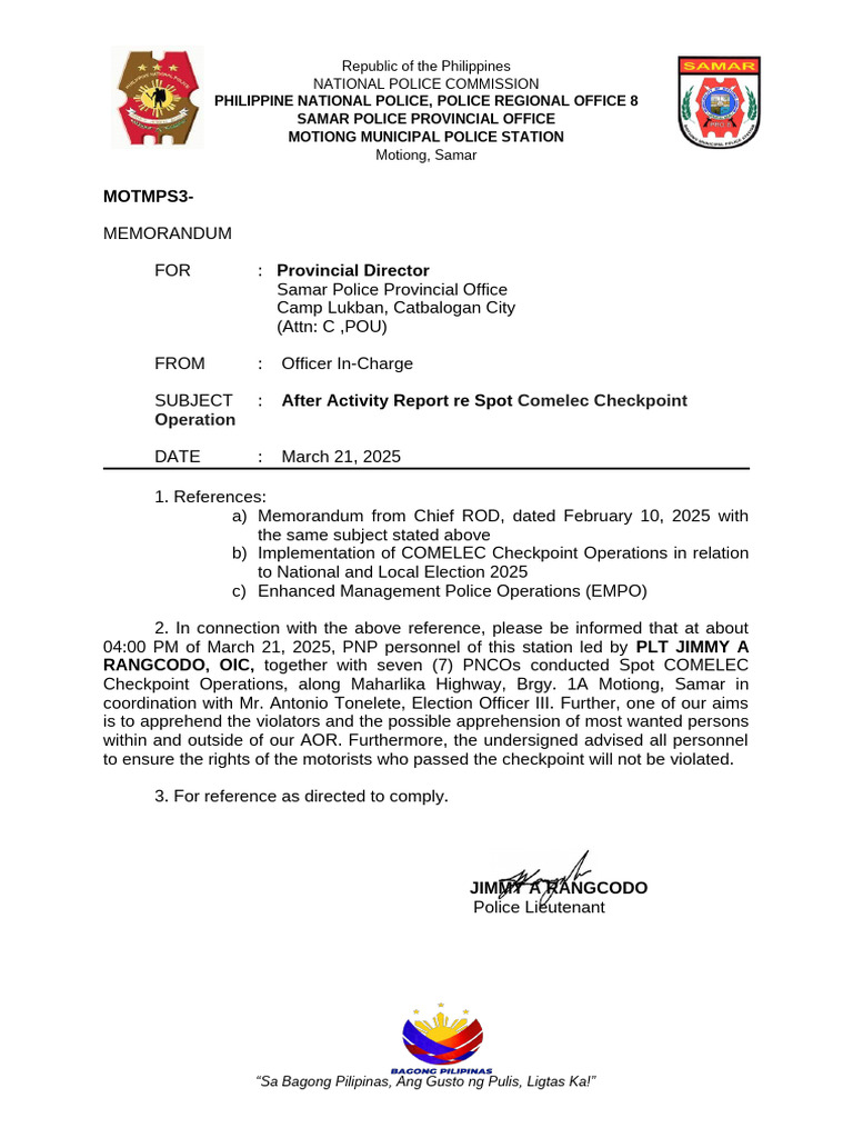 After Activity Report Re Comelec Checkpoint Operation (March 21, 2025 | PDF
