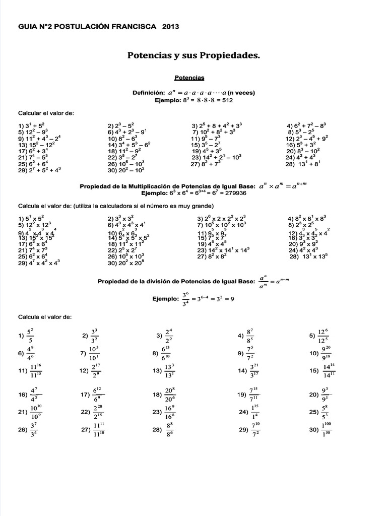 PDF Guia de Potencias y Sus Propiedades Compress | PDF | Exponenciación | Multiplicación