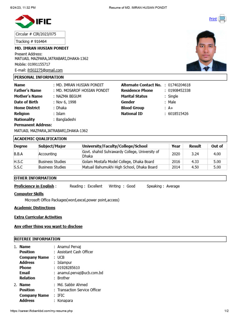 Ific Md. Imran Husian Pondit | PDF