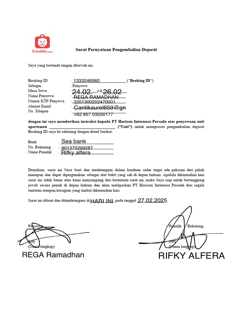 Surat Pernyataan Pengembalian Deposit | PDF