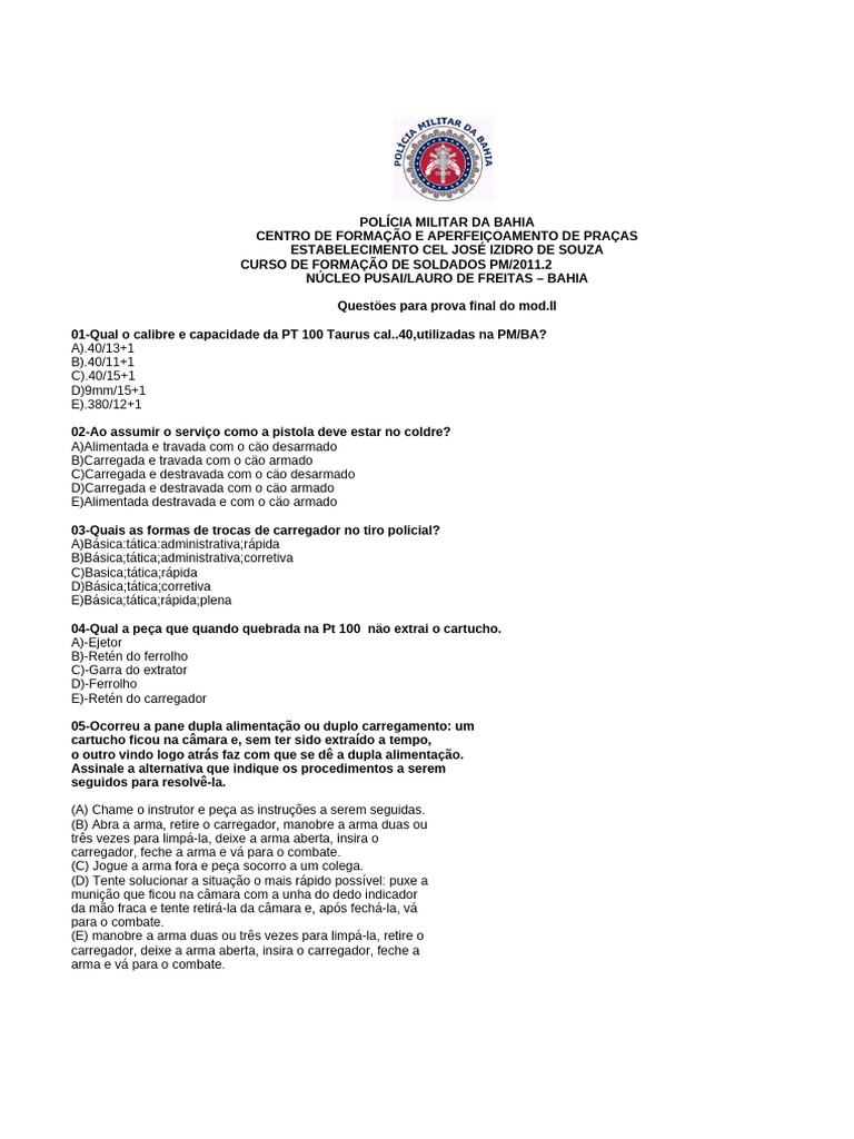 Questoes prova final mod II | PDF | Carregador (armas de fogo) | Balística