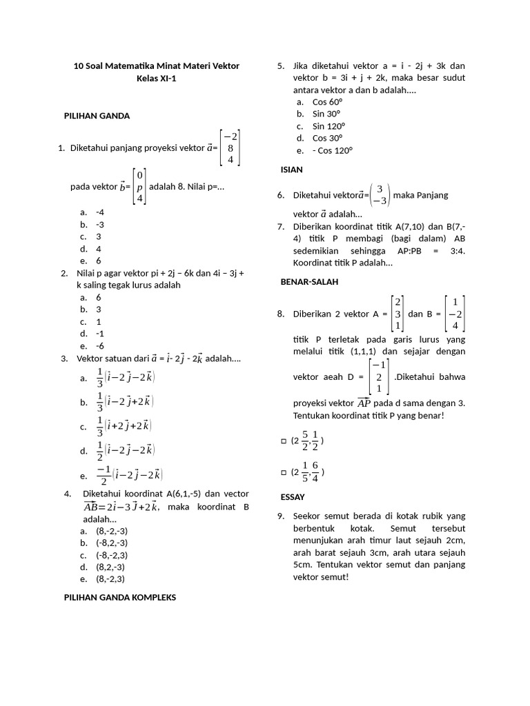 10 Soal Matematika Minat Materi Vektor Kelas XI | PDF
