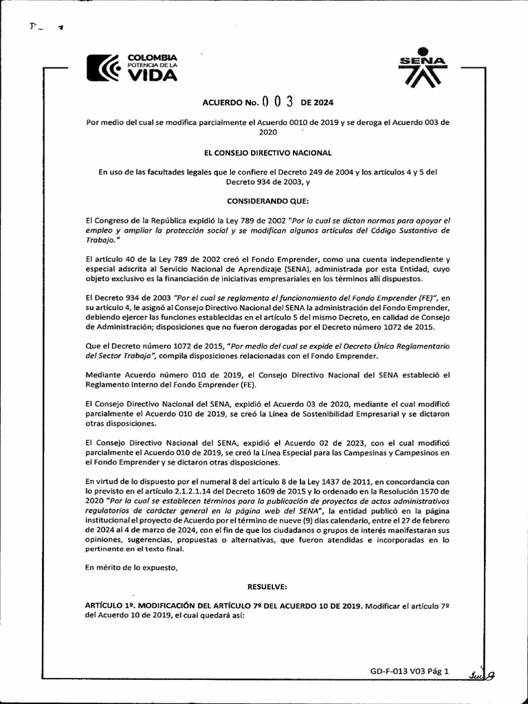 ACUERDO - 003 - 2024 Fondo Emprender Con Inclusion Campesina | PDF