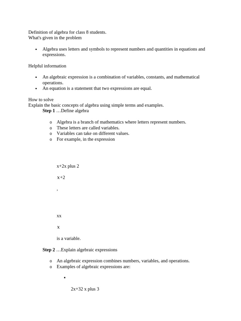 Algebra Definition for Class 8 Students | PDF | Algebra | Equations
