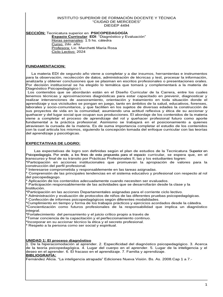 Programa Del Edi I 2024 | PDF | Aprendizaje | Evaluación