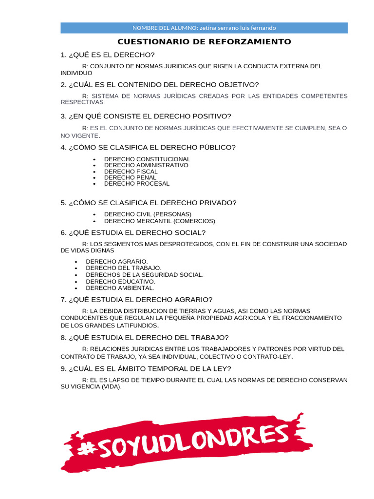Cuestionario de Reforzamiento 2 | PDF | Ley Pública | Derecho laboral
