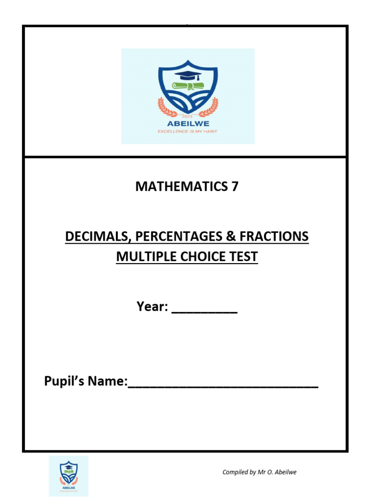 Decimals, Percentages and Fractions Multiplechoice Test 2024 With ...