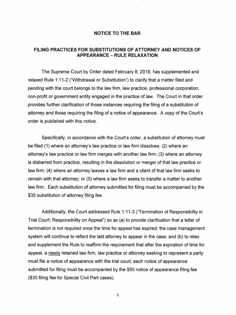 NJ Bar Notice: Attorney Substitution Rules | PDF | Lawyer | Government
