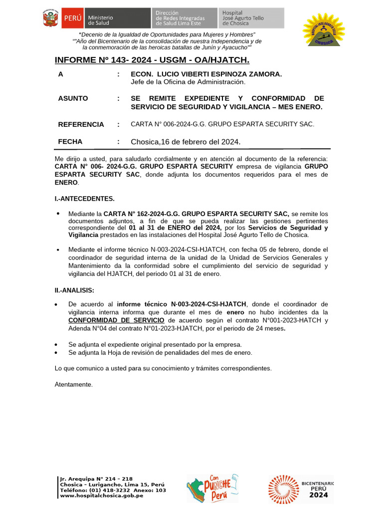 Informe n 143-2024-Remite Expediente y Conformidad de Servicio de Seguridad y Vigilancia – Mes ...