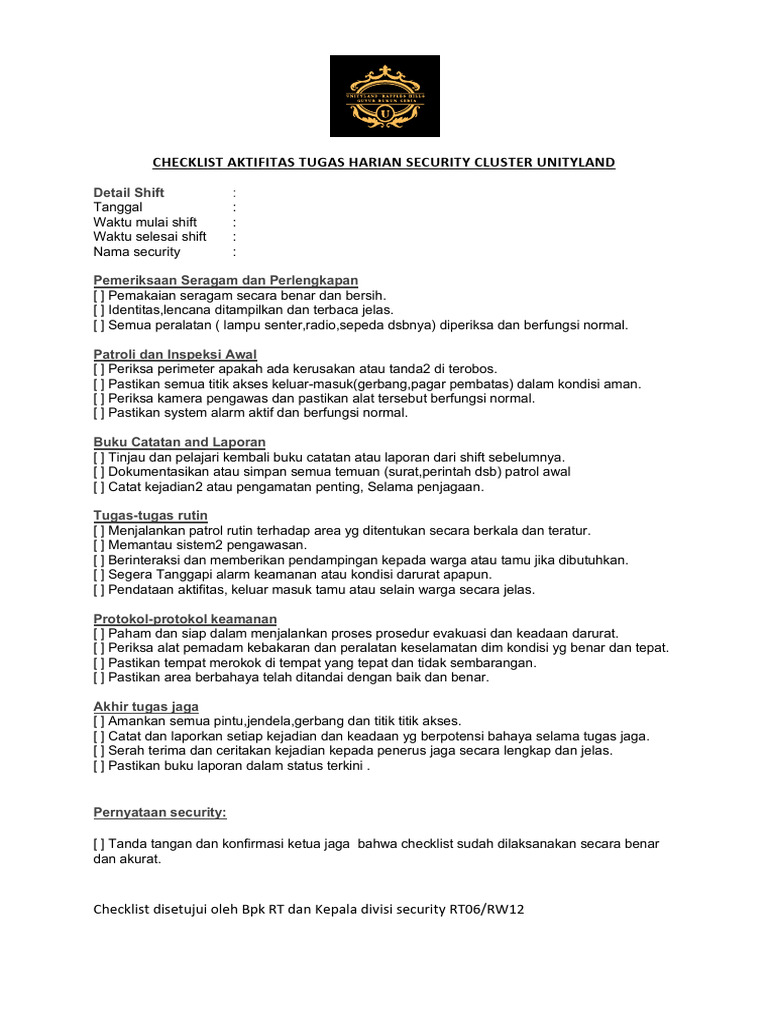 Security Guard Daily Checklist Indo | PDF