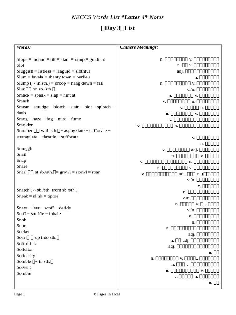 (Day 4 Letter S) NECCS Words List | PDF