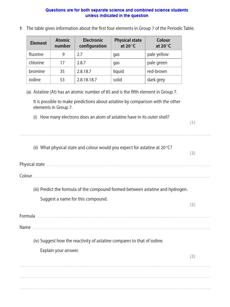 Group 7 (Halogens) - Chlorine, Bromine, Iodine 2 QP | PDF | Chlorine | Sodium