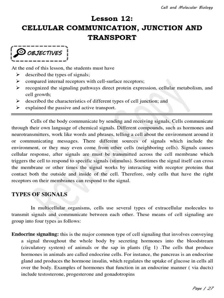 Lesson 12 - Cellular Communication, Junction and Transport | PDF | Cell ...