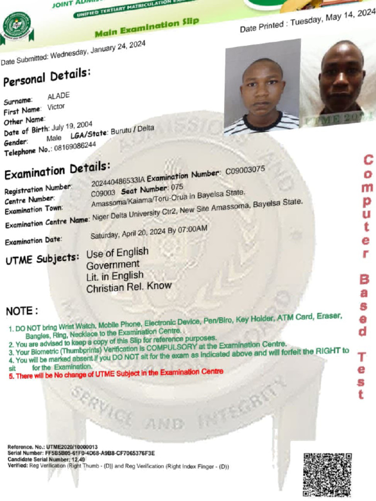 UTME Exam Slip for Amassoma, Bayelsa | PDF | Access Control | Authentication