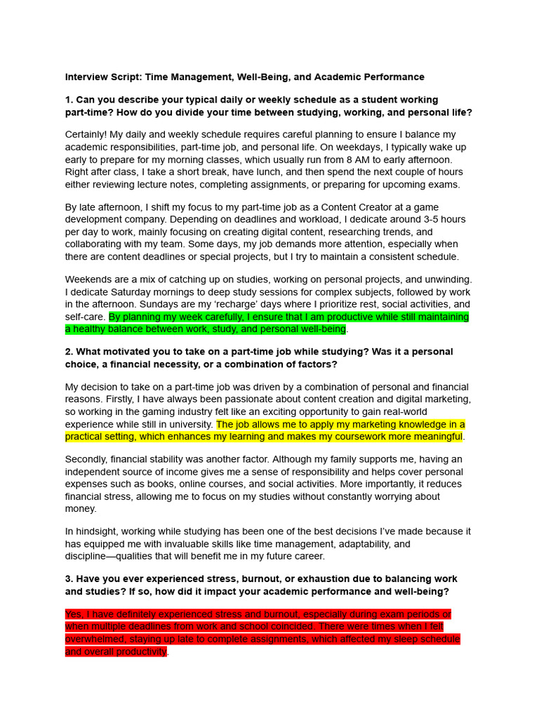 Interview Script - Time Management, Well-Being, and Academic Performance | PDF | Occupational ...