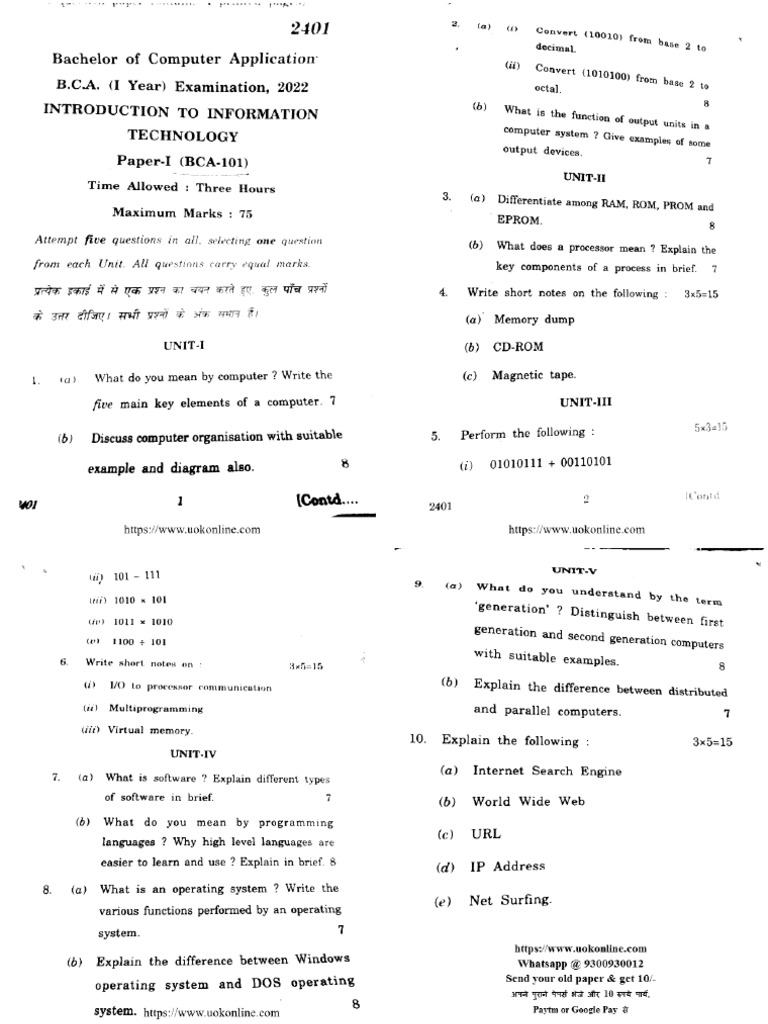 Bca 1 Year Introduction To Information Technology 2401 2022 | PDF