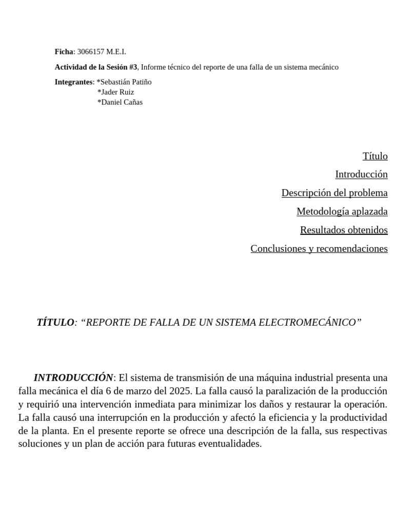Reporte de Falla en Un Sistema Si | PDF | Motores