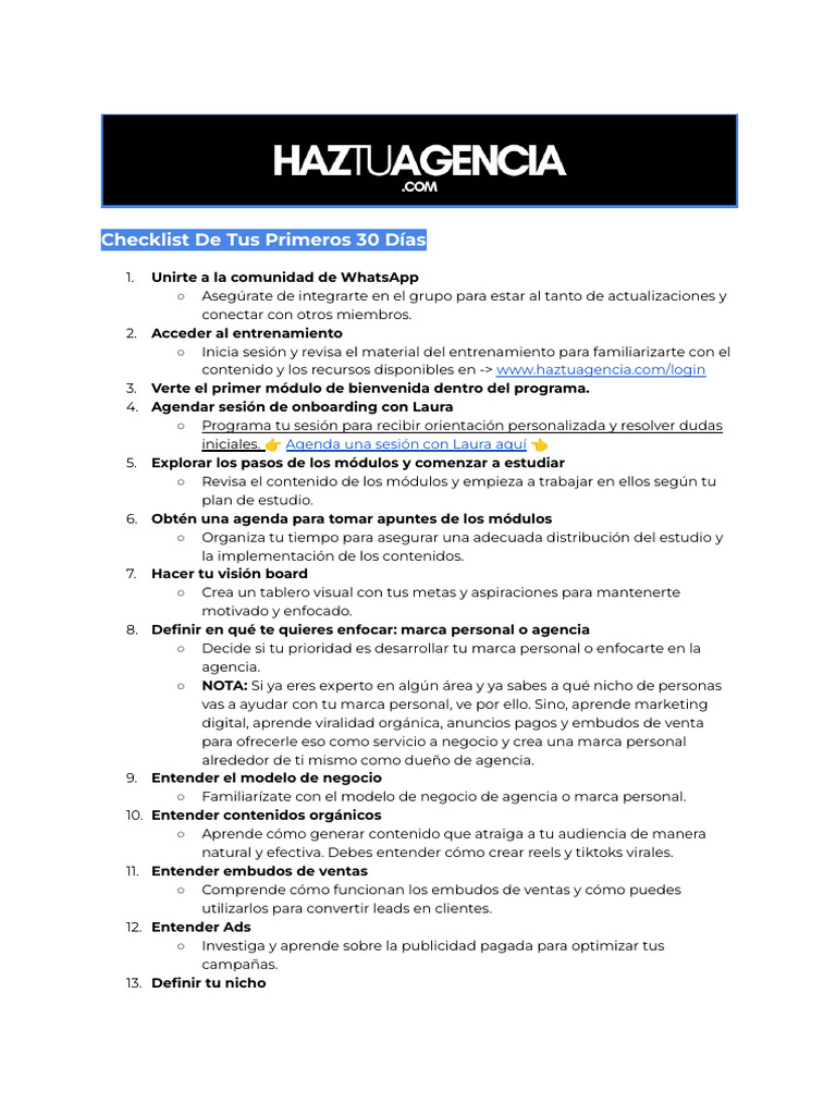 Checklist para tus Primeros 30 Días en Negocios | PDF