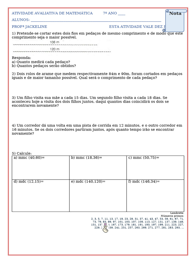Atividade de Matemática 7º Ano: MMC e MDC | PDF