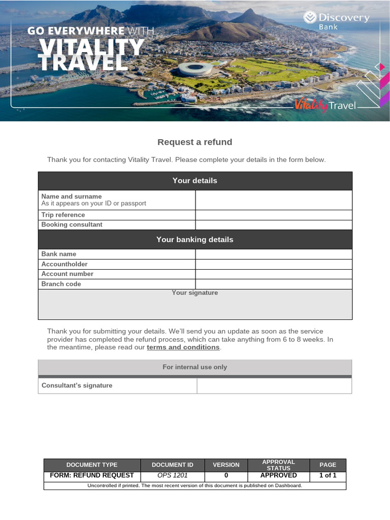 Vitality Travel Refund Request Form - Discovery Passenger | PDF