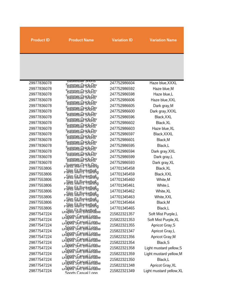 Product ID Product Name Variation ID Variation Name | PDF | Trousers ...