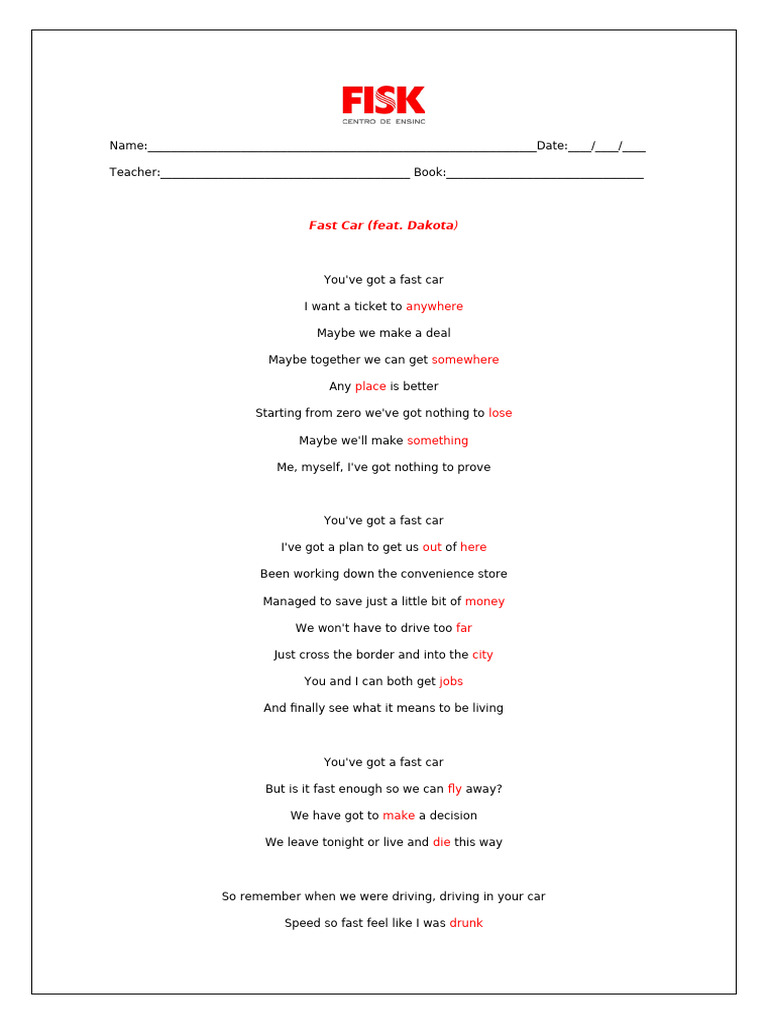 Fast Car Lyrics Analysis | PDF