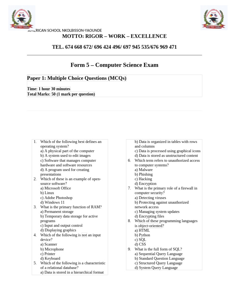 FORM 5 Computer Science Paper 1-1 | PDF | Computer Data Storage ...