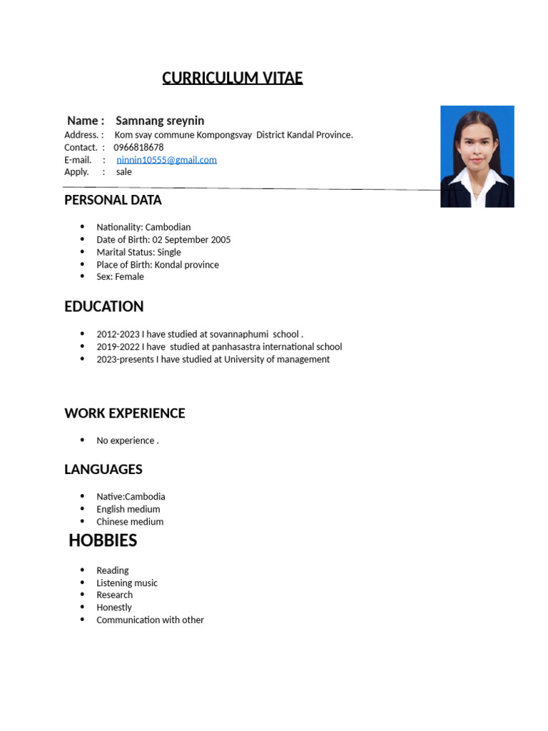 Curriculum Vitae: Hobbies | PDF