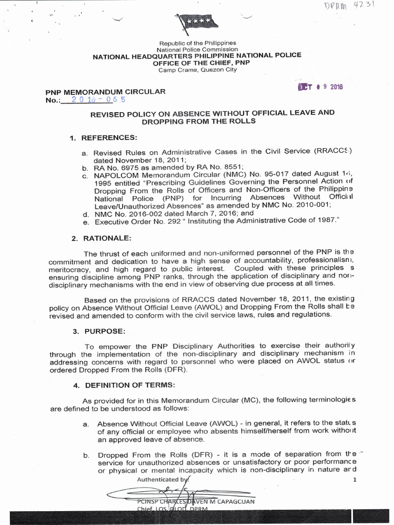 PNP MC 2016 065 Revised Policy On Absence Without Official Leave and ...