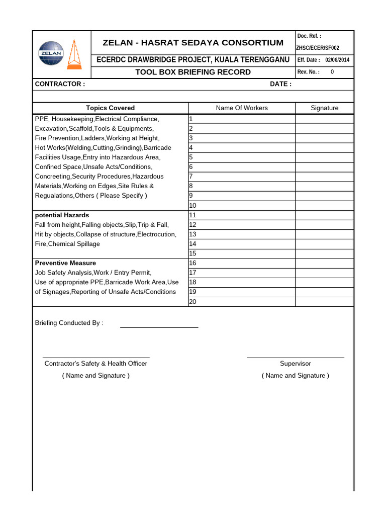 Tool Box Briefing Record | PDF | Personal Protective Equipment | Hazards