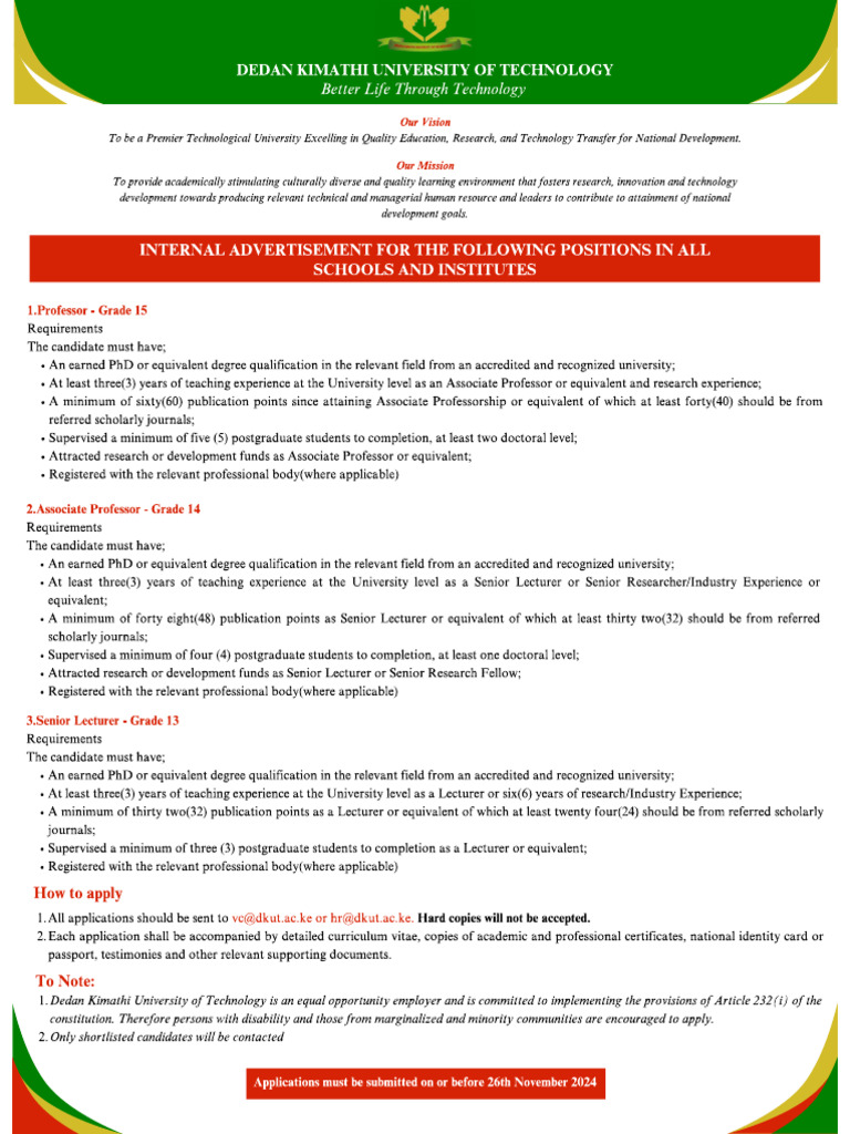 Internal Advertisement For The Following Positions in All Schools and ...