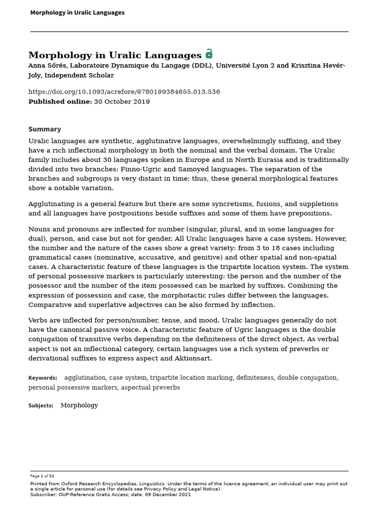 Morphology in Uralic Languages | PDF | Grammatical Number | Grammatical Tense