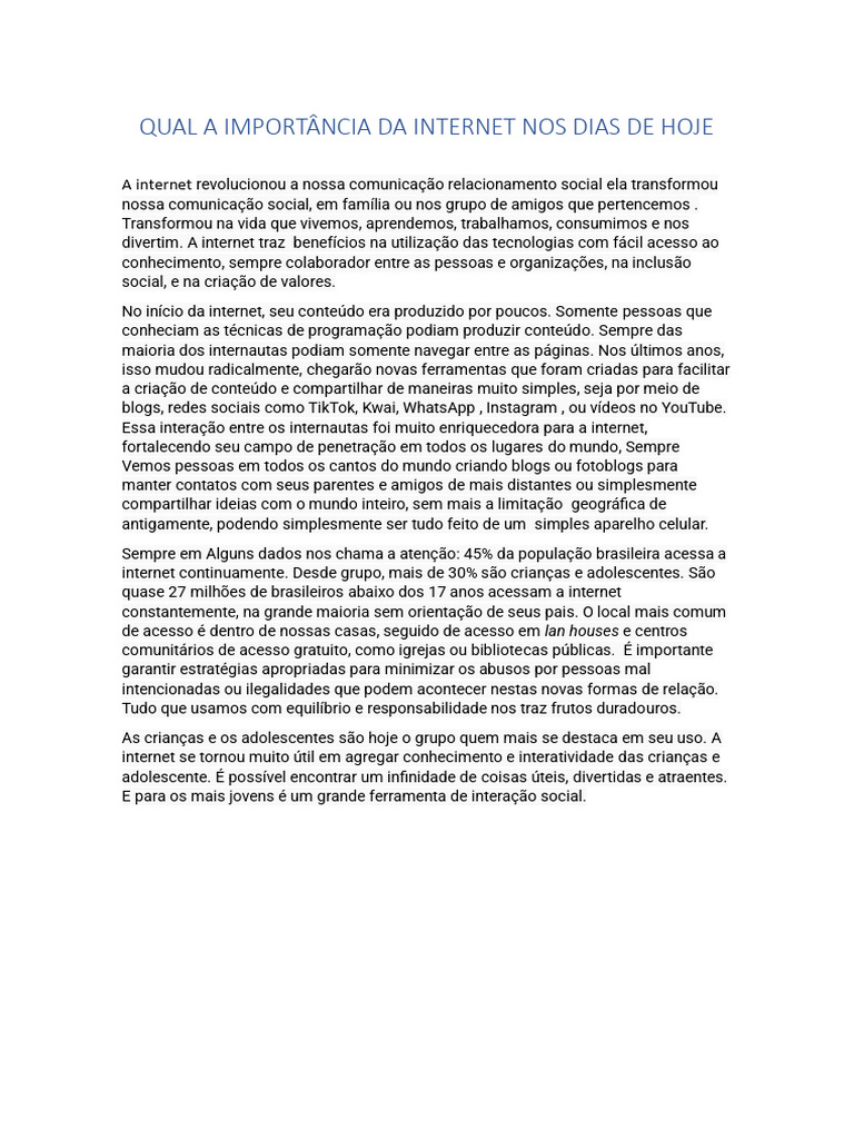 Importância da Internet na Sociedade Atual | PDF