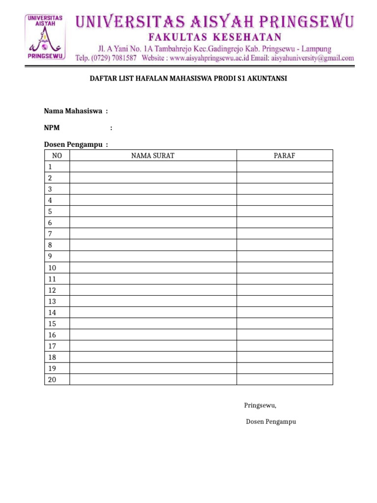 Form Hafalan Mahasiswa | PDF