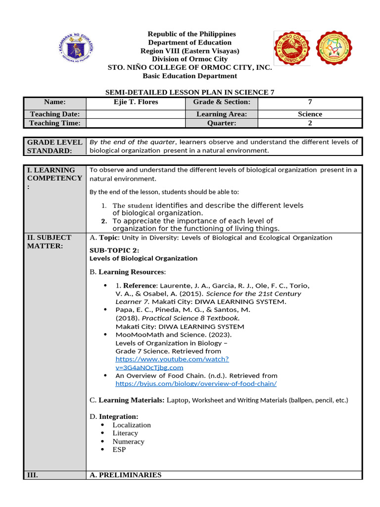G7-Q2-W7- Levels of Biological Organization | PDF | Learning