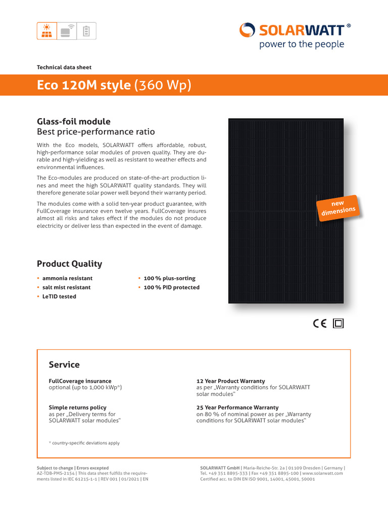 SolarWatt Eco 120M Technical Data Sheet | PDF | Temperature | Electricity