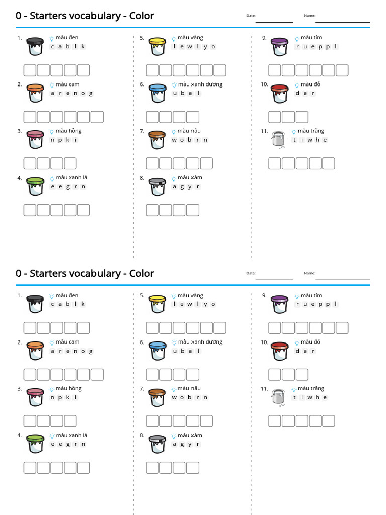 0 Starters Vocabulary Color Anagram | PDF