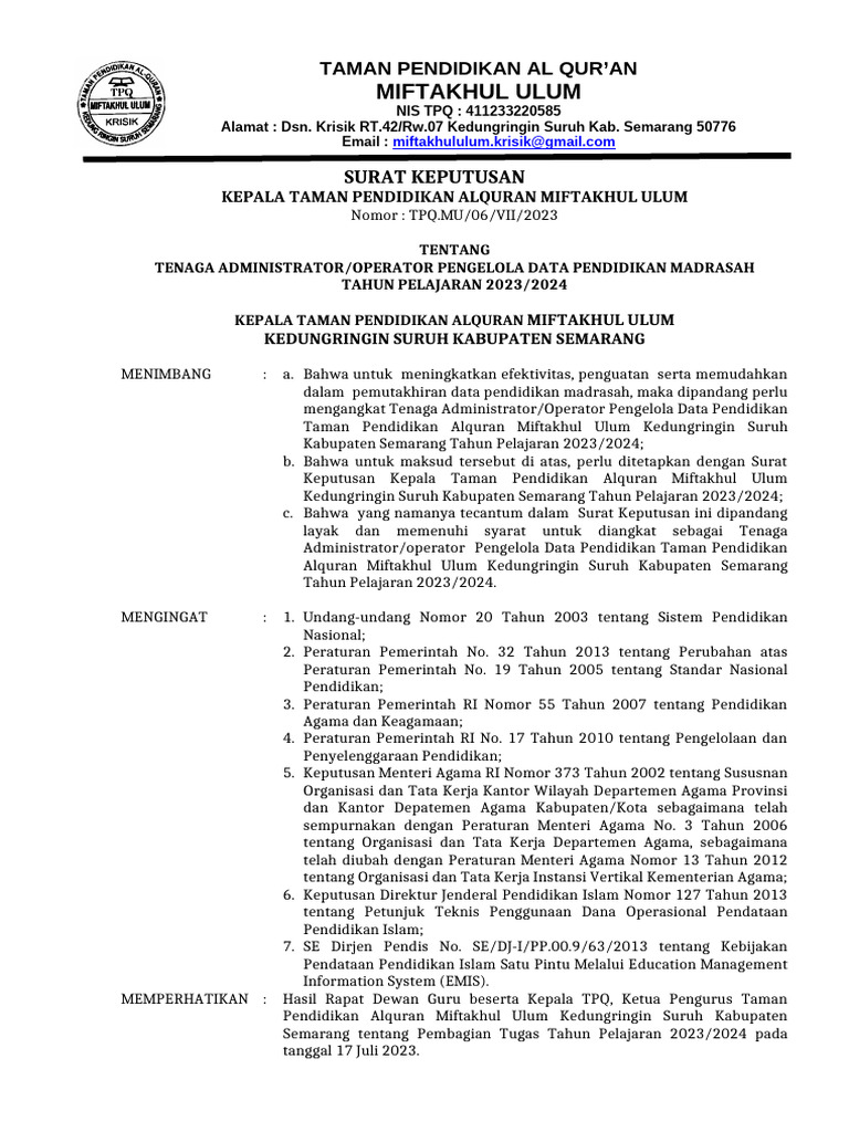 Contoh SK Operator TPQ | PDF