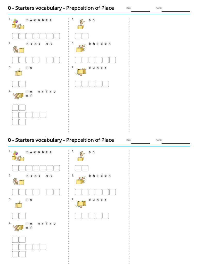 0 Starters Vocabulary Preposition of Place Anagram | PDF