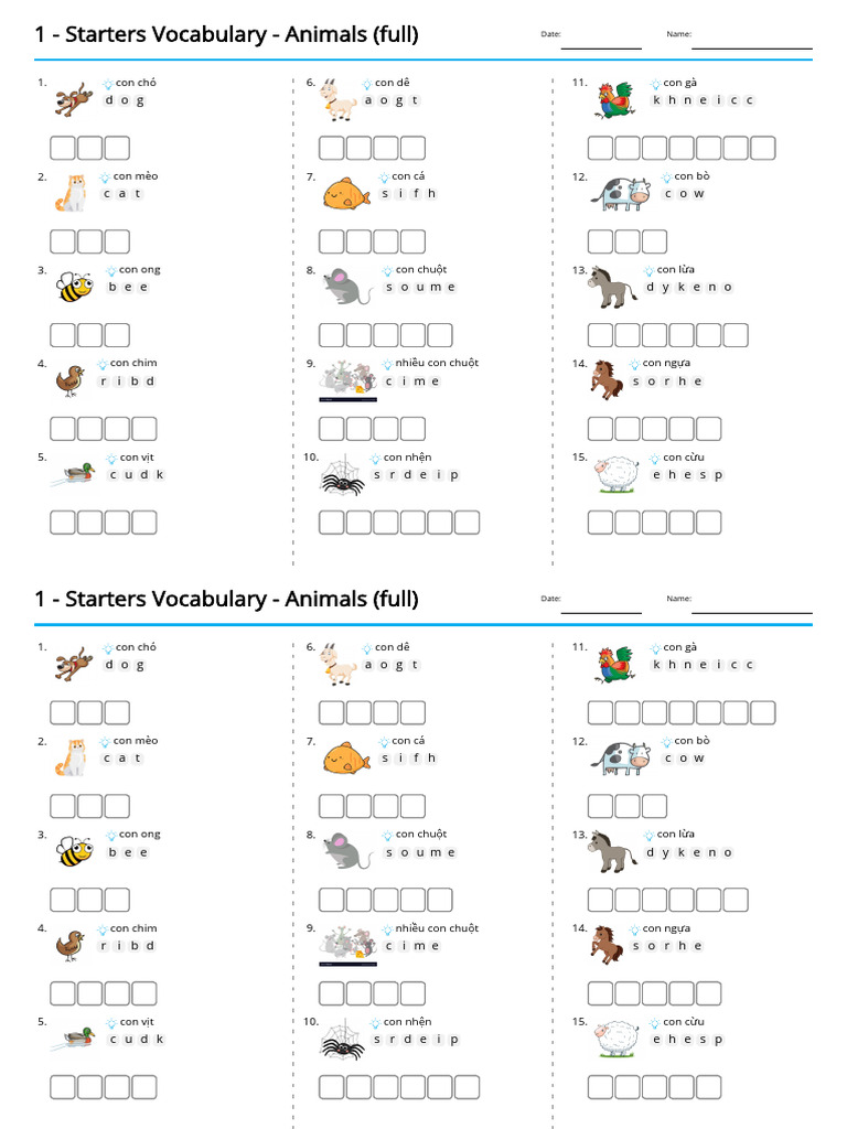 1 Starters Vocabulary Animals Full Anagram | PDF