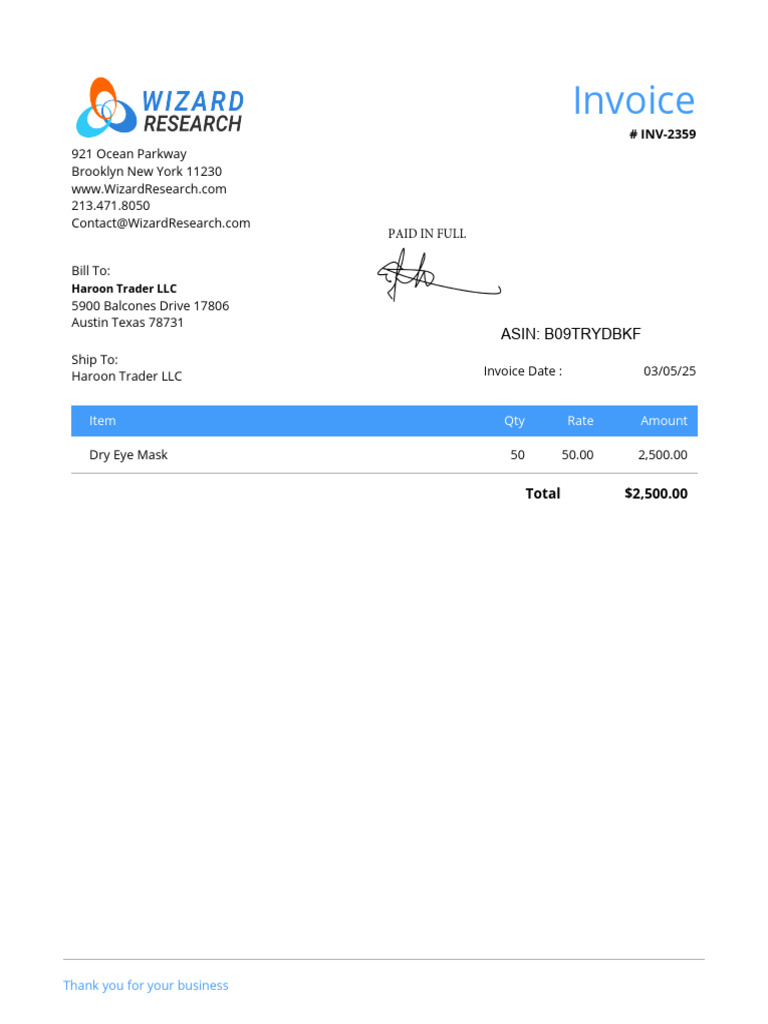 Invoice for Dry Eye Masks - Paid in Full | PDF