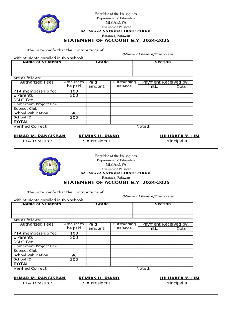 Bataraza National High School Account Statement | PDF | Payments | Money