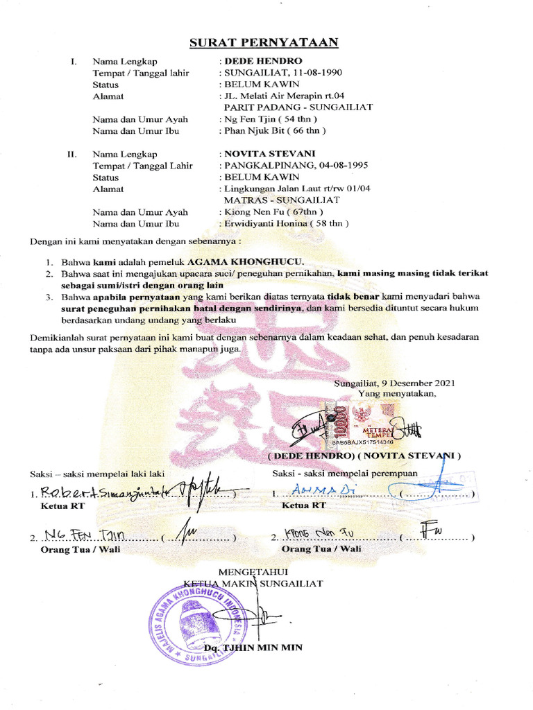Surat Pernyataan Masih Lajang TTD RT Compress | PDF