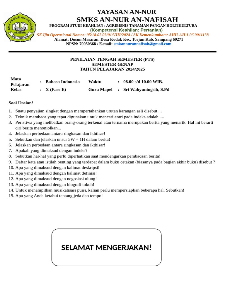 Soal PTS KELAS X Semester Genap SMK AN NUR AN NAFISAH Bahasa Indonesia | PDF