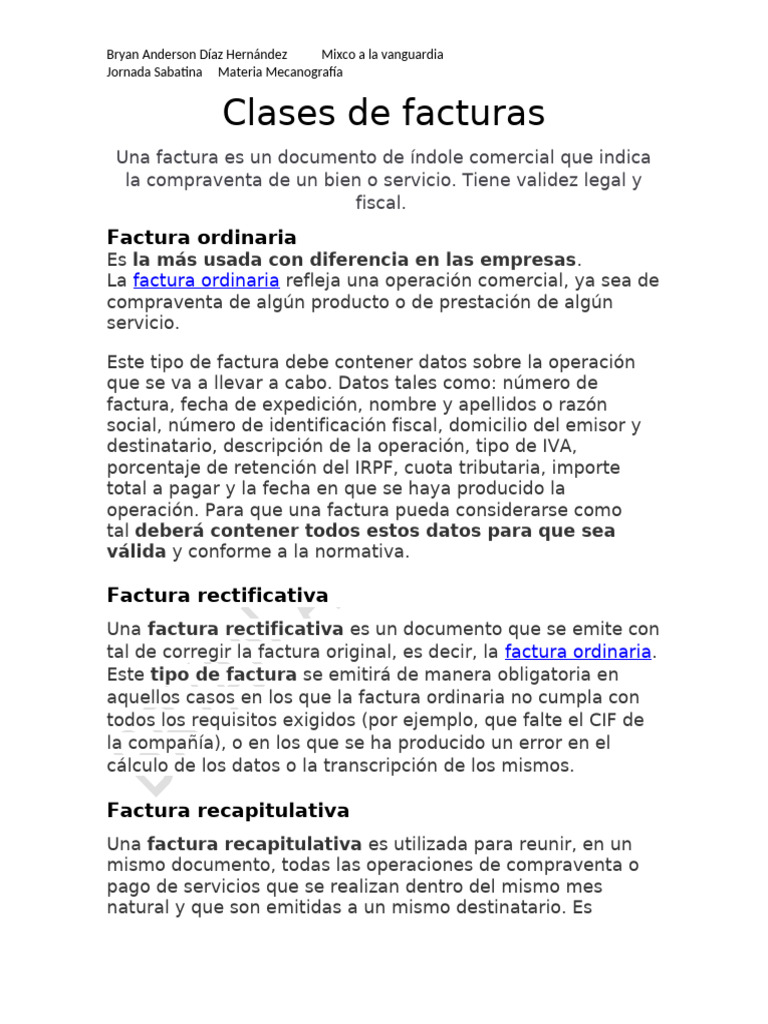 Tipos de Facturas: Clases y Características | PDF | Factura | Cheque
