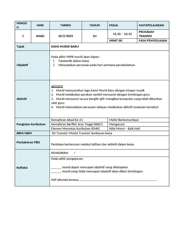 RPH Mggu Transisi | PDF