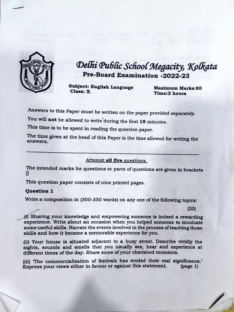 DPS Megacity English Pre-Board 2022-23 | PDF