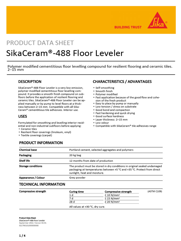 SikaCeram®-488 Floor Leveler Data Sheet | PDF | Flooring | Cement